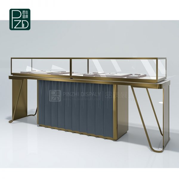 Feature Design Stainless Steel Gold Jewelry Showcase With LED Lights ...